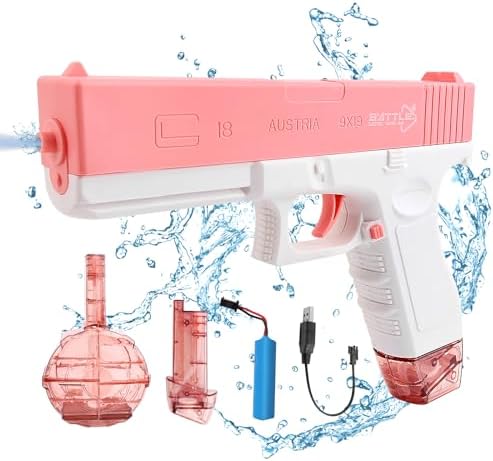 Pink Rechargeable Electric Water Gun Long-Range up to 32ft High Storage ...