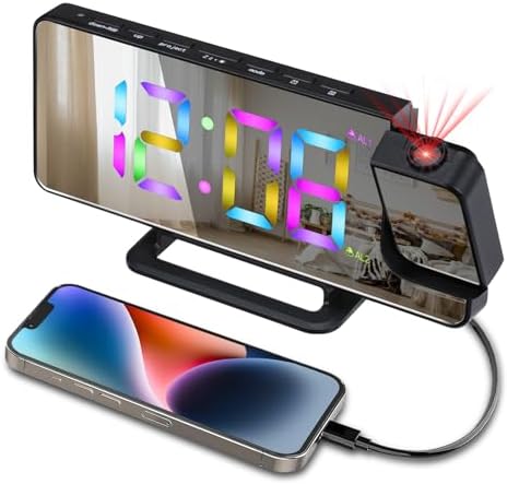 Digital Projection Alarm Clock for Bedside, Mirrored Digital Alarm ...