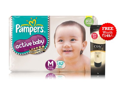 Buy Pampers Active Baby Medium Size Diapers (62 Count) - with Free Olay ...