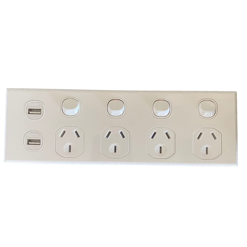 3A AU Quad Power Point 10A 250v with 2 USBs 4 Gang GPO Socket Outlet ...