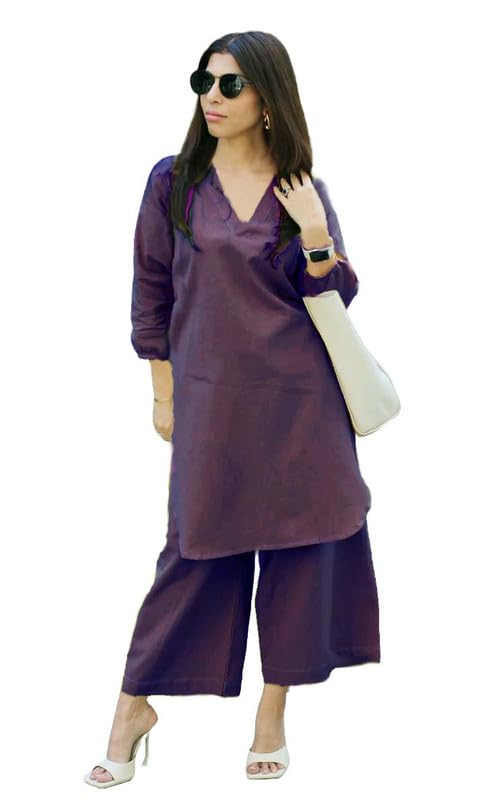 Buy FEMEZONE Fashion with Tradition Women's Linen Cotton Purple Co-Ord ...