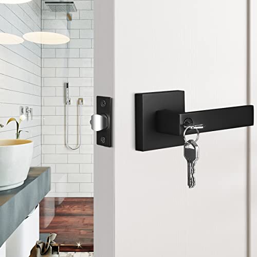 Probrico Black Door Handle with Lock and Key, Black Locking Lever Door ...