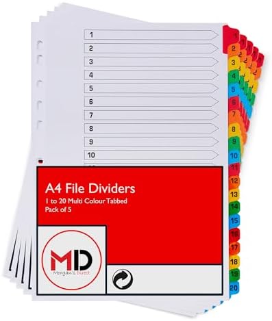 A4 1-20 File Dividers with Coloured Numbered Index Tabs - Multi Hole ...