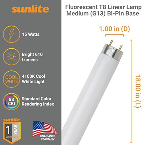 Sunlite F15T8/CW 18-Inch T8 Linear Fluorescent Lamp, 15 Watts, 610 ...