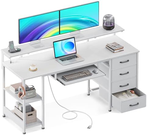 ODK Schreibtisch mit 4 Schubladen, Computertisch mit 2 Steckdosen und 2 ...