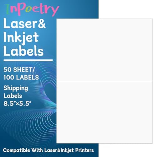 Amazon.com : InPoetry 8.5” x 5.5” Half Sheet Shipping Labels, Label ...