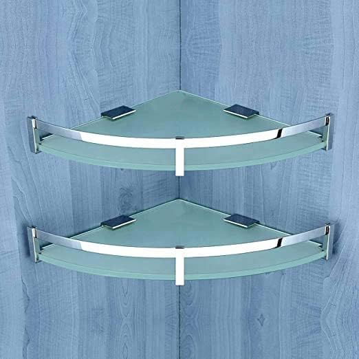 HELONIX Round Frosted Glass Corner Shelf with Stainless Steel Patti ...