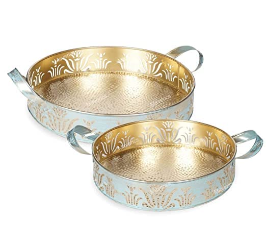 Fancy Palace Metal Round Trays - Gold & Blue Shaded Hammer Design ...