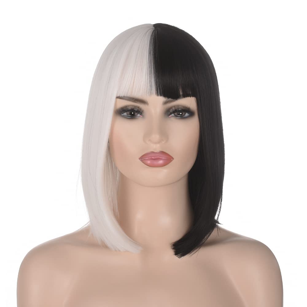 MORTICIA Black and White Wig Half Black and Half White Bob with Bang ...