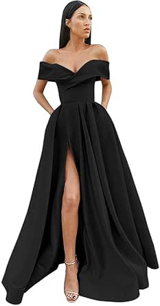 Uxcojo Off The Shoulder Satin Prom Dress Long for Women Formal Evening Ball Gown with Pockets at ...