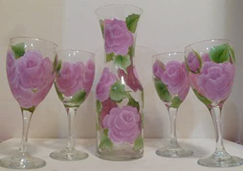 Amazon.com: Hand Painted Chic Pink Rose Wine Glass & Carafe Set : Home ...