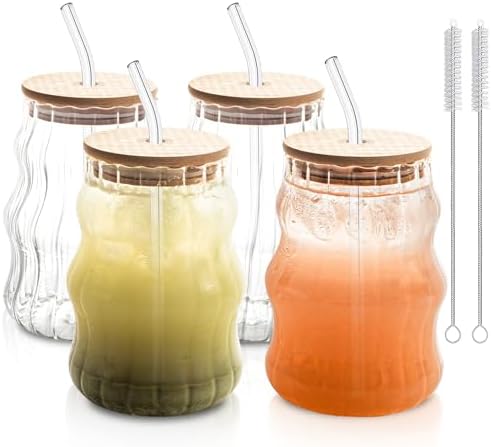 Amazon.com | Mixed Drinkware Sets Glass Cups Set of 2 with Glass Straw ...