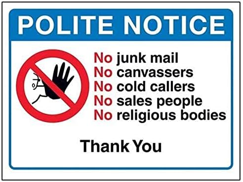 1 x Polite Notice - No Cold Callers Salesmen Religious Groups Door ...