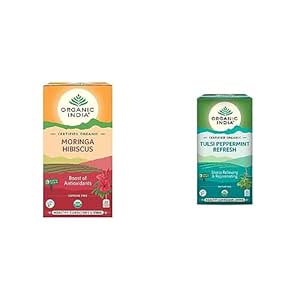 ORGANIC INDIA Moringa Hibiscus 25 Tea bags (Pack of 1) & ORGANIC INDIA Tulsi Peppermint Refresh ...