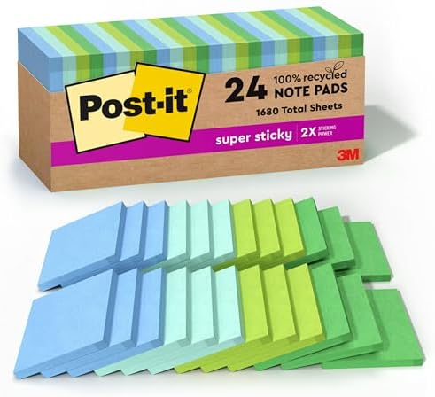 Amazon.com : Post-it 100% Recycled Paper Super Sticky Notes, 2X The ...