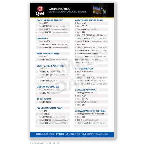 Garmin G1000 (WAAS & Non-WAAS) Qref Card Checklist (Qref Avionics Quick ...