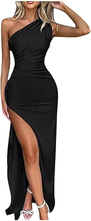 Amazon.com: Generic Women's Sexy One Shoulder Satin High Split Dress Wedding Party Maxi Evening ...