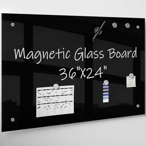R&G Black Magnetic Glass Whiteboard,36"×24" (3'x 2'),Glass Dry Erase Board,Black Frameless ...