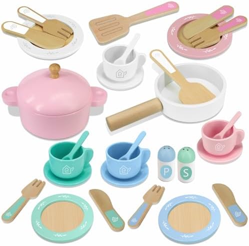 SimpliPlay Wooden Toy Plates and Dishes for Kitchen Set, 30PCS ...