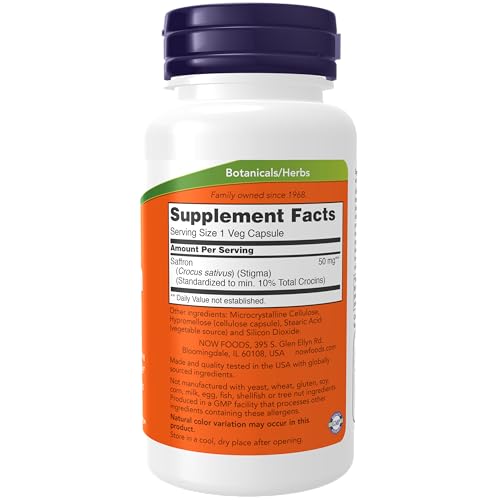 NOW Supplements, Saffron Whole Herb 50 mg with 10% Crocins, 60 Veg ...