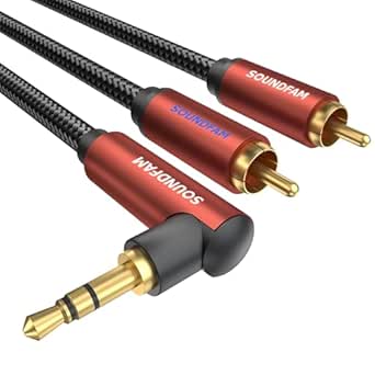 SOUNDFAM 3.5mm Aux to RCA Cable 10FT, 90 Degree Right Angle 3.5mm TRS Male to 2RCA Male Y ...