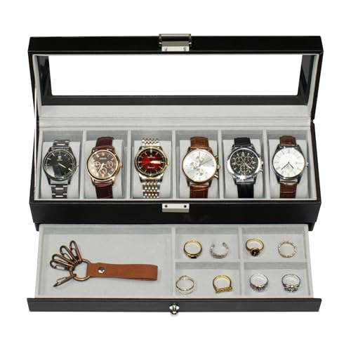 GLOBAL KA Watch Box, 6 Compartment Watch Display Box with Drawers, Men ...