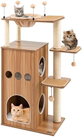 GYMAX Modern Cat Tower, 131CM Tall Cat Tree with Padded Platforms ...