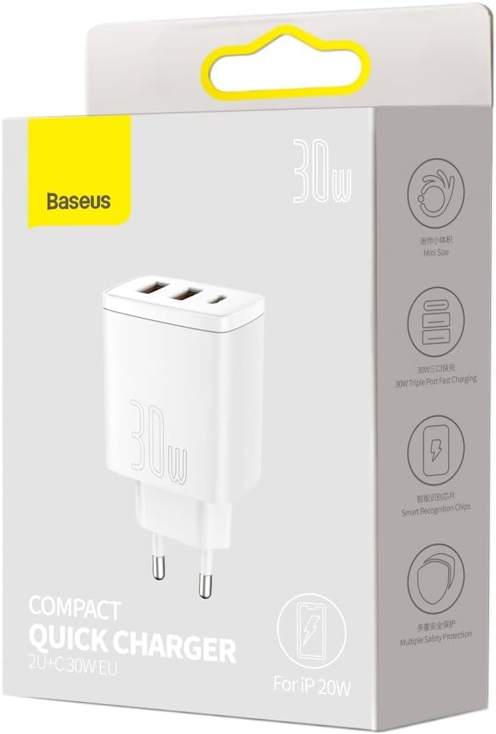 Baseus Compact 30W 2U+C QC. Seyahat Şarjı-Beyaz : Amazon.com.tr: Elektronik