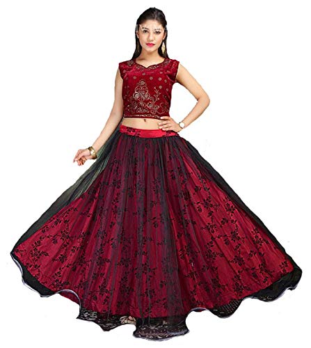 Buy Pooja Creation Synthetic Embroidered Maroon Sleevless Lehenga Style ...