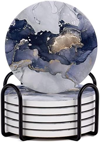 Marble Coasters Set of 6, Absorbent Ceramic Coaster Set with Cork Base ...