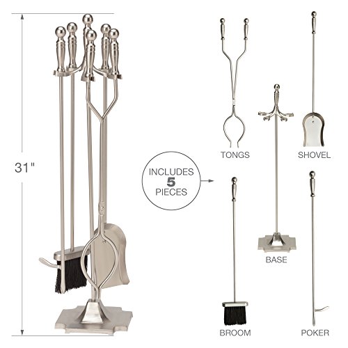 Snapklik.com : UniFlame, F-7547, 5-Piece Satin Pewter Fireplace Tools Set
