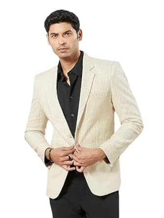 Buy VASTRAMAY Men's Cream Jute Blazer - Jute Fabric Self Design ...