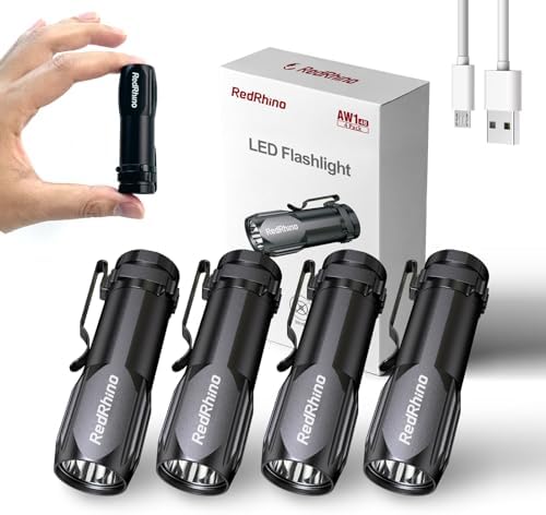 REDRHINO Small Pocket LED Flashlight 4 Pack, Rechargeable EDC Compact ...