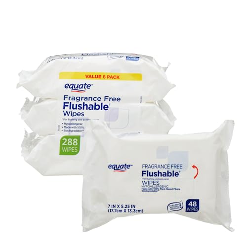 Equate Fragrance Free Flushable Wipes, 6 Resealable Packs (288 Total ...