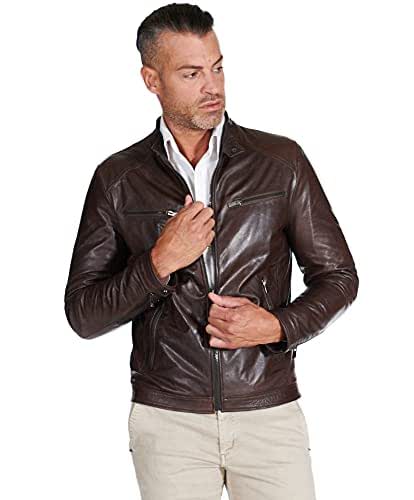 Amazon.com: Men's Italian Leather Jacket Dark Brown Vintage Biker ...