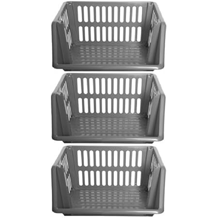 Large 3 Tier Stacking Baskets Storage Veg Rack Plastic Stackers 35cm - Silver : Amazon.co.uk ...