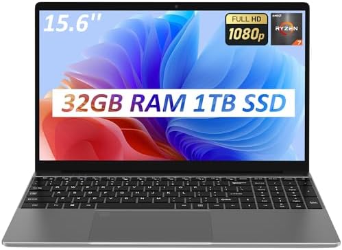 Auusda Thin and Light Laptop, 32GB DDR4 RAM, 1TB M2 PCIe NVMe SSD, AMD Ryzen7 5700U CPU, 15.6 ...
