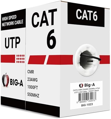 Amazon.com: Big-A - Bulk Cat6 Cable 1000ft 23AWG Solid 4 Pair, Cat 6 ...