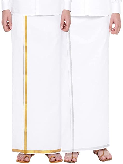 RAMRAJ COTTON Men White Pure Cotton Single Layer Dhoti with Gold and ...