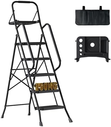 BONTEC 5 Step Ladder with Tool Bag and Tray, Folding Step Ladder with ...
