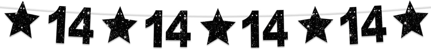 Amazon.com: Happy 14th Birthday Glitter Black Star Banner Shiny Bright ...
