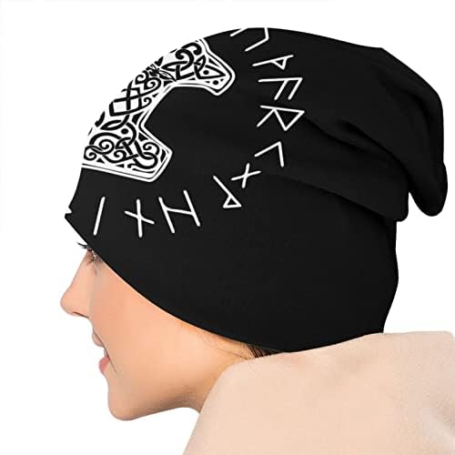 Vikings Mjolnir and Rune Wheel Norse Mythology Symbol Beanie Hat for ...