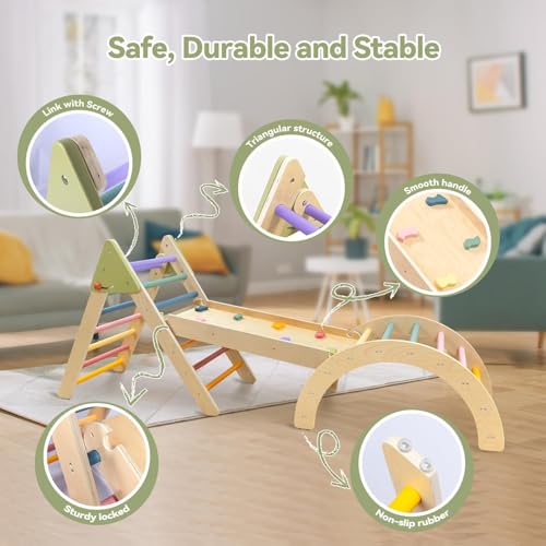 LOL-FUN 3 in 1 Rainbow Pikler Triangle Climbing Frame for Toddlers ...