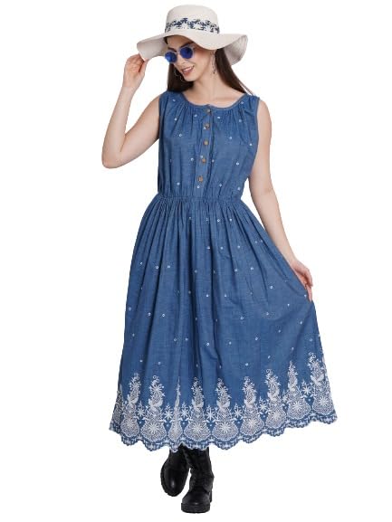 Buy HI-FASHION Embroidered Heavy Dress for Women Causal WEAR S Blue at ...
