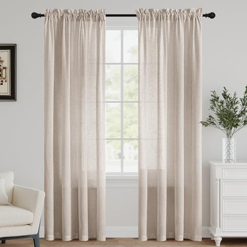 Amazon.com: FantasDecor Natural Semi Sheer Linen Curtains 84 inch ...