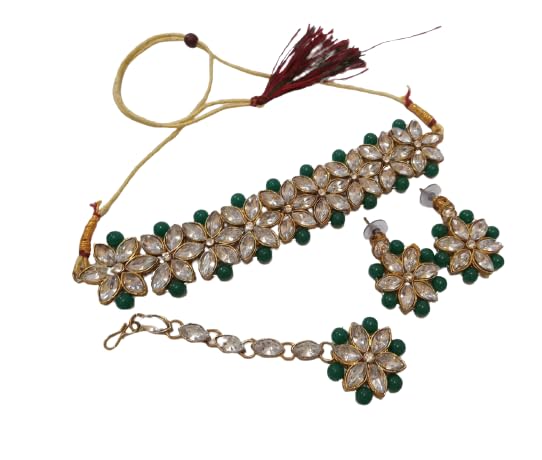Buy Fashion Women Green Pearl White Stone Flower Design Choker Set ...