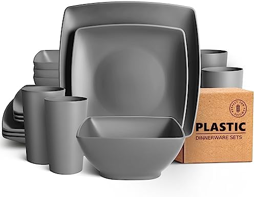 Teivio 16-Piece Kitchen Plastic Dinner Set, Service for 4, Dinner Plates, Dessert Plates, Cereal ...