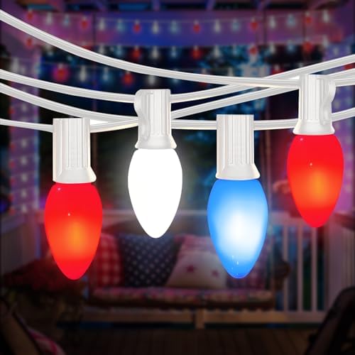 4th of July Lights,Red White and Blue Outdoor String Lights,25Ft ...