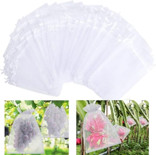 100 PCS Fruit Protection Bags,Grape Netting Bags with Drawstring,Garden ...