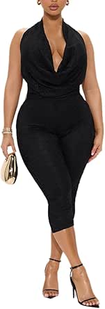 Amazon.com: THLAI Sexy Deep Vneck Jumpsuits for Women Lace Halter Stacked Neck Backless Top ...